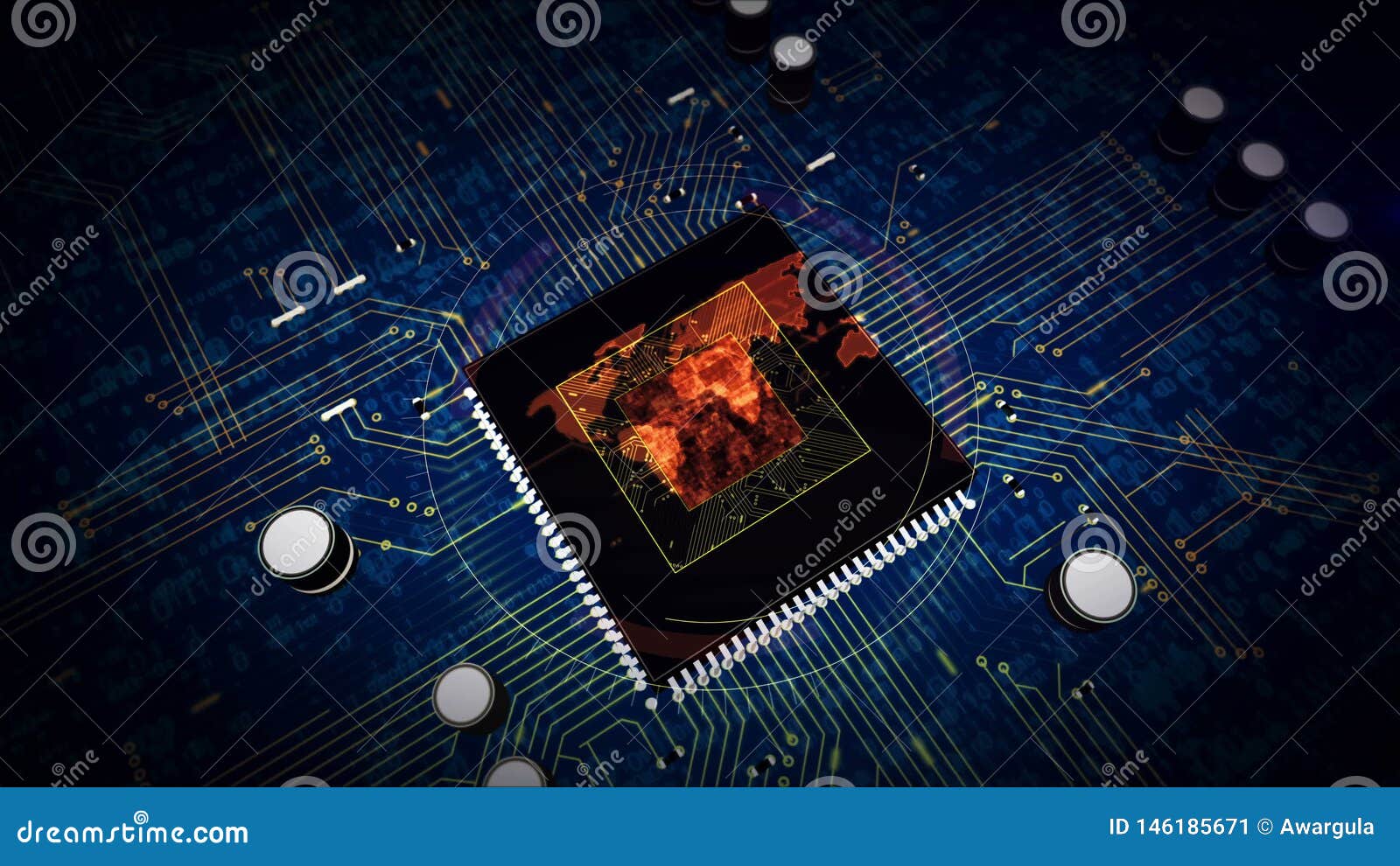 CPU on Board with World Map Hologram Display Stock Video - Video of ...