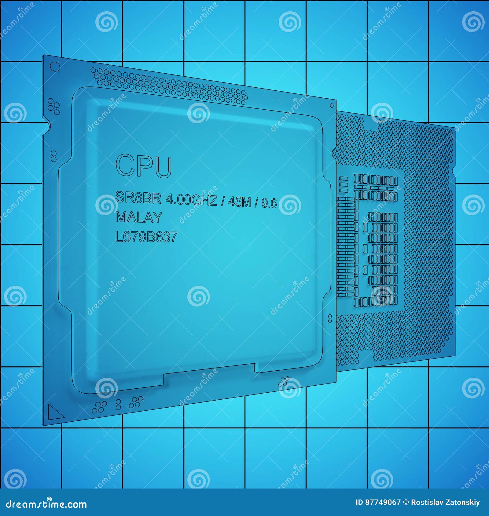 CPU Bplueprint on Grid, Black Outline, 3d Rendering Stock Illustration ...