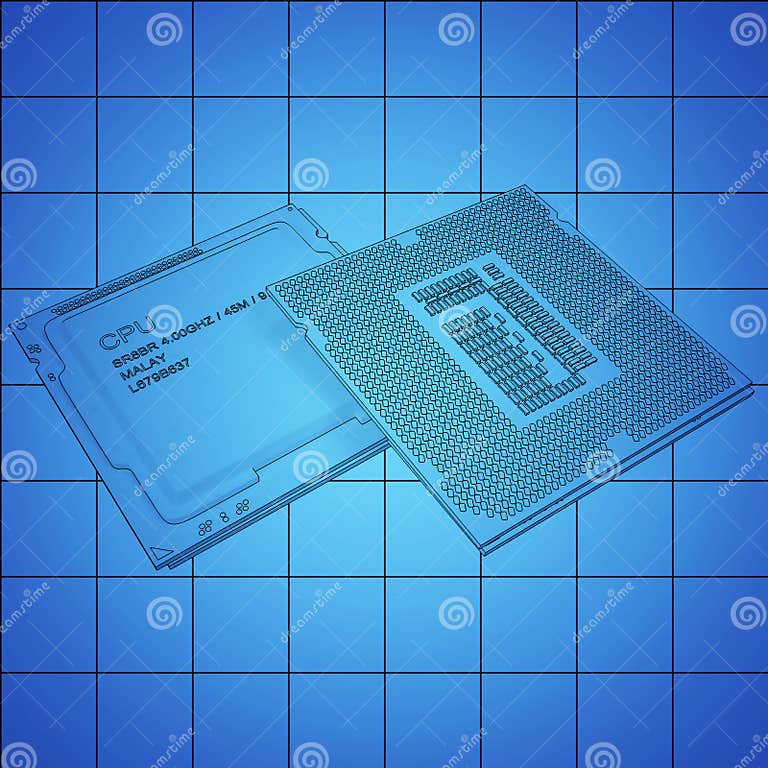 CPU Bplueprint on Grid, Black Outline, 3d Rendering Stock Illustration ...
