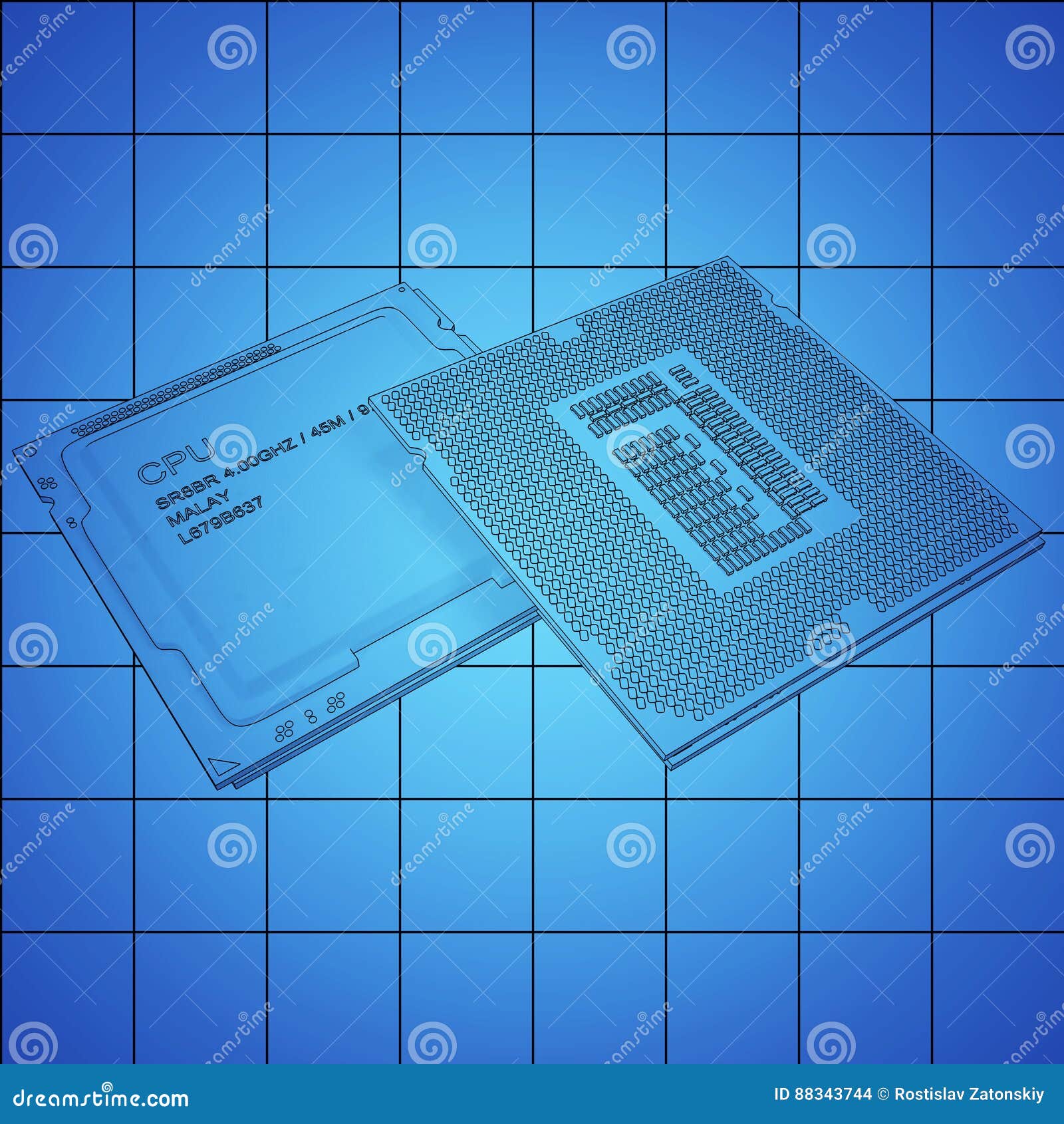 CPU Bplueprint on Grid, Black Outline, 3d Rendering Stock Illustration ...