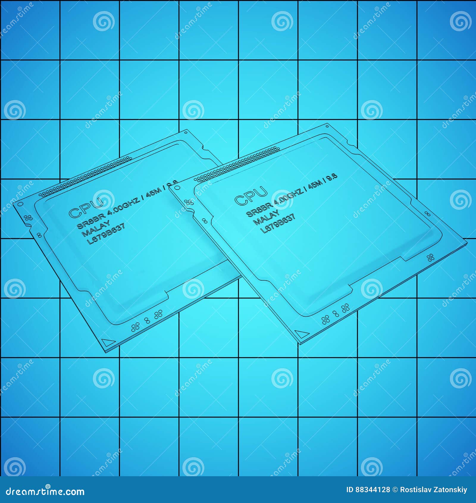 CPU Bplueprint on Grid, Black Outline, 3d Rendering Stock Illustration ...