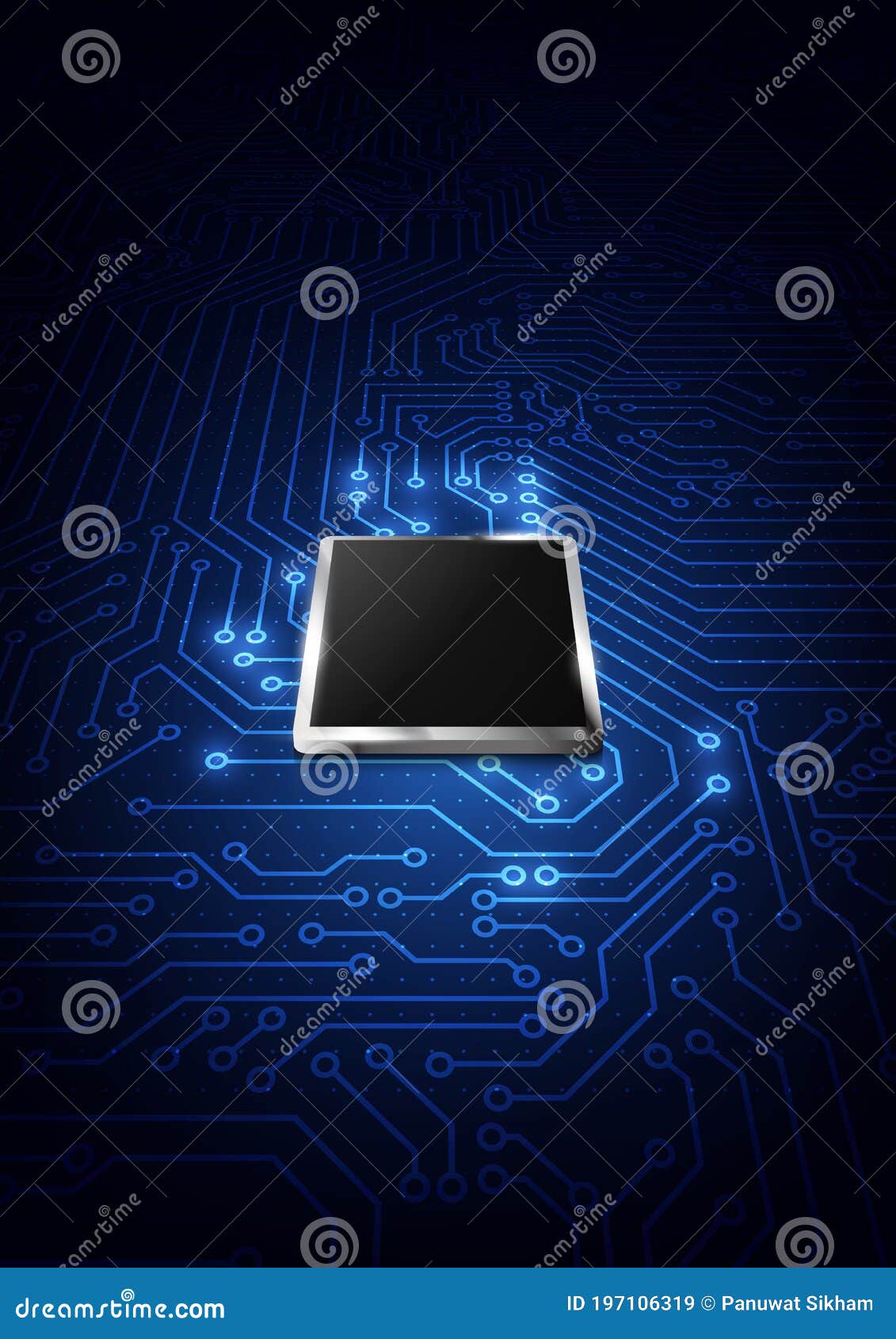 CPU Chip And Circuit Board. Blue Microprocessor Background Cartoon ...