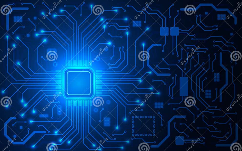 CPU Chip and Circuit Board. Blue Microprocessor Background. Computer Motherboard. Bright ...