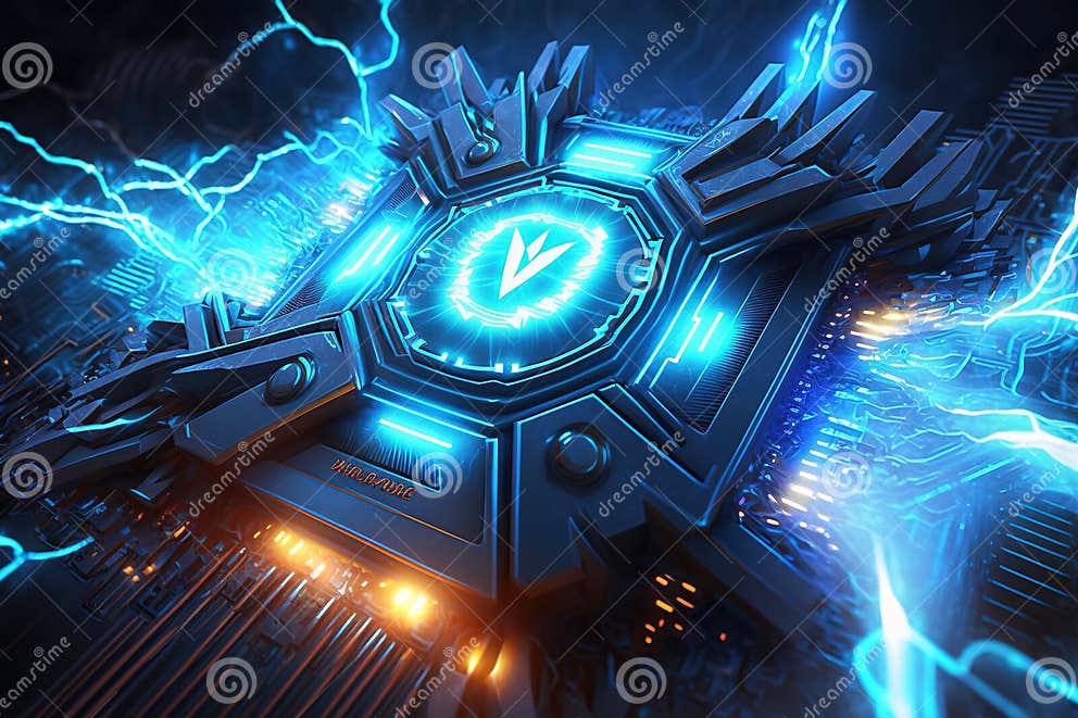 CPU Chip on Circuit Board, Processor with Magic Blue Light Inside Computer, Generative AI Stock ...