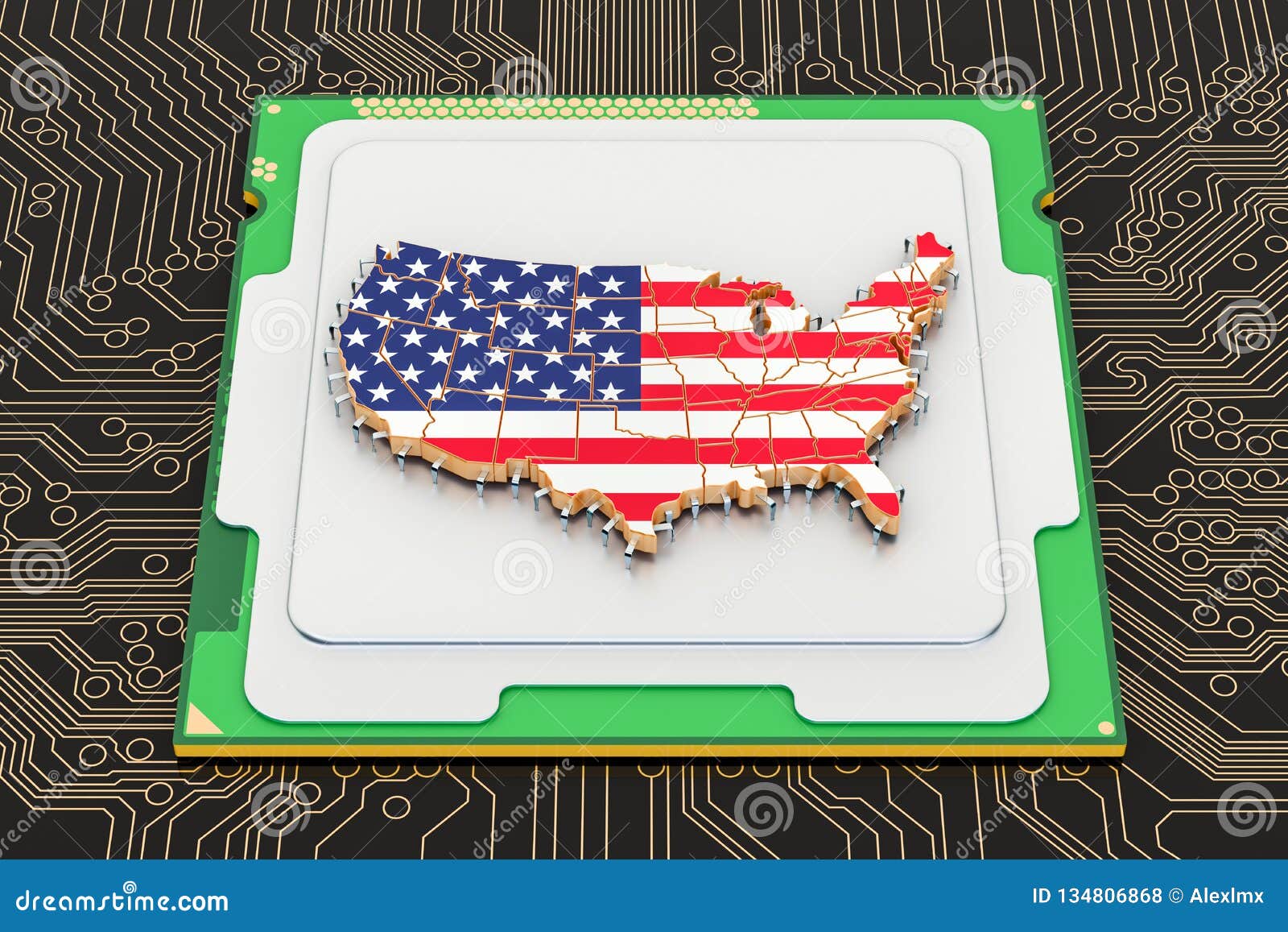 CPU Computer Processor Unit with Flag of the United States, 3D ...