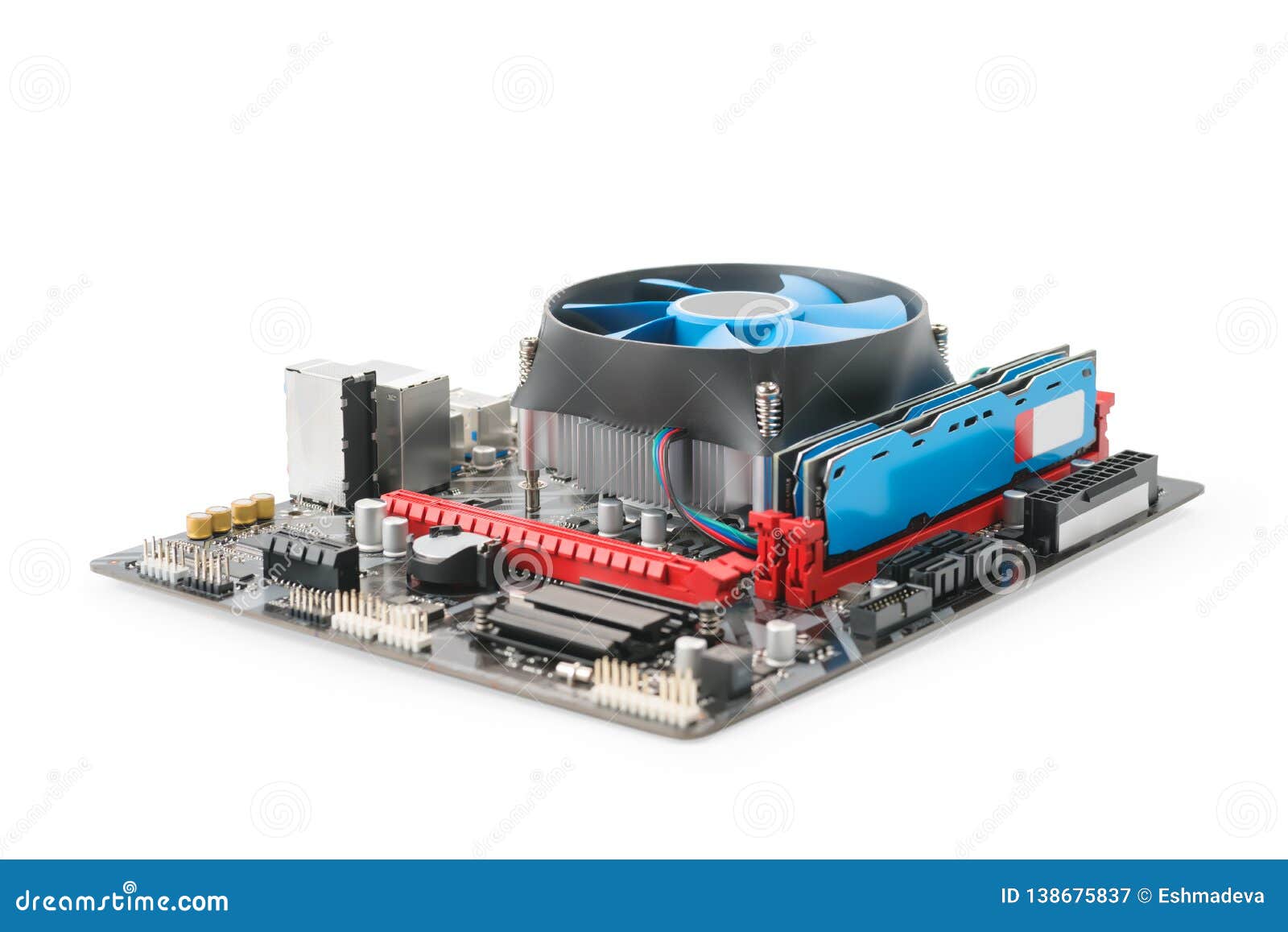 CPU with Cooler and Memory Assembled on the Mainboard Isolated with ...