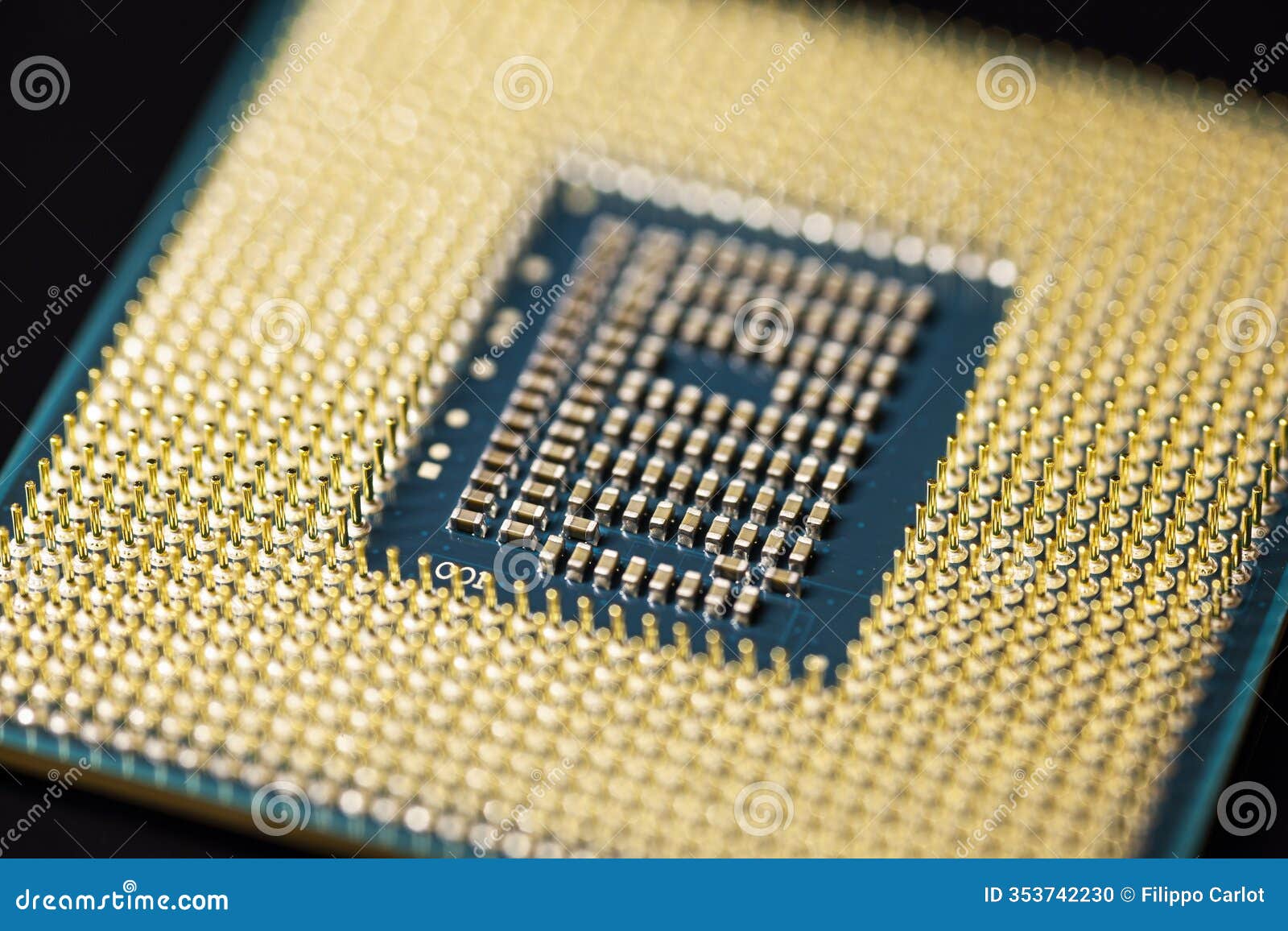 Cpu with Gold Pins Facing Up, Showing the Complex Circuitry on a Blue ...