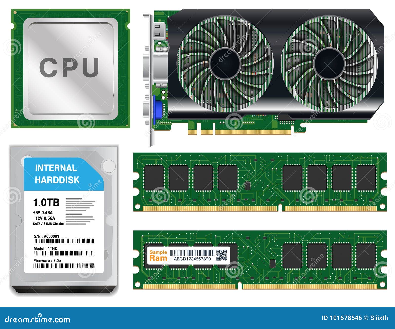 Cpu Graphic Card Harddisk Ram On White Background Vector Illustration ...