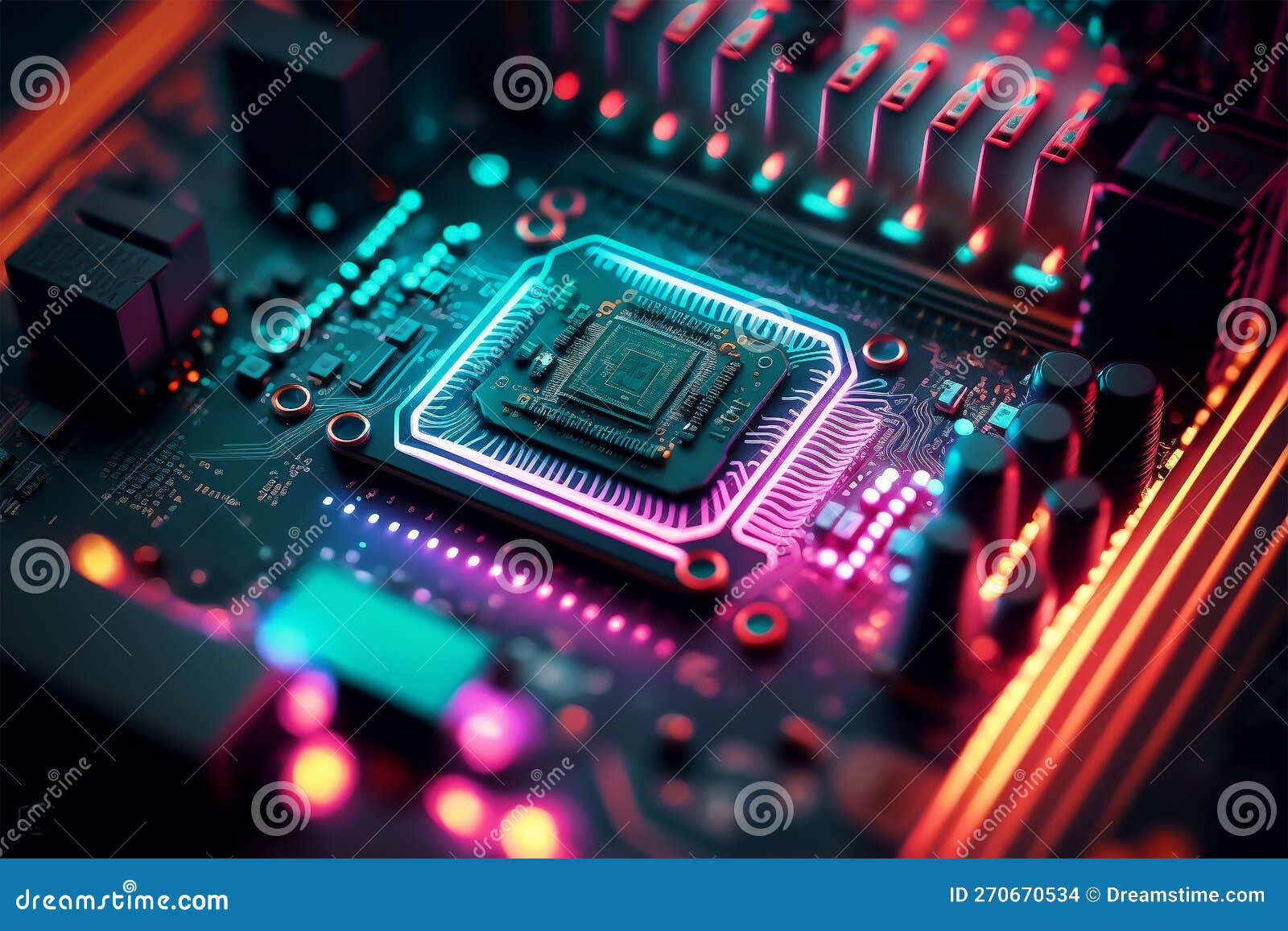 Cpu and Hardware in Computer Motherboard with Neon Rgb Lighting Stock ...