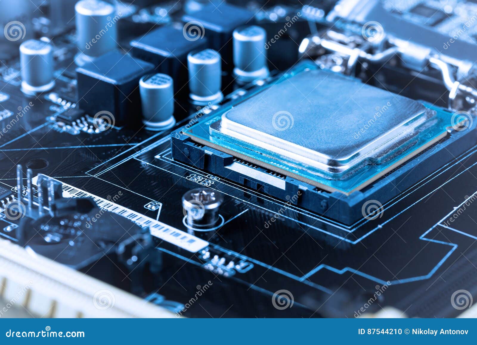 CPU Installation Close Up in the Motherboard. Cold Filter Effect Stock ...