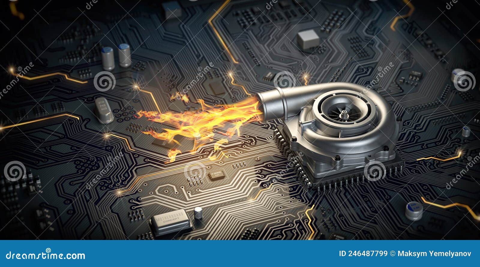 CPU Microchip Turbocharger with Fire Flame on Computer Motherboard ...