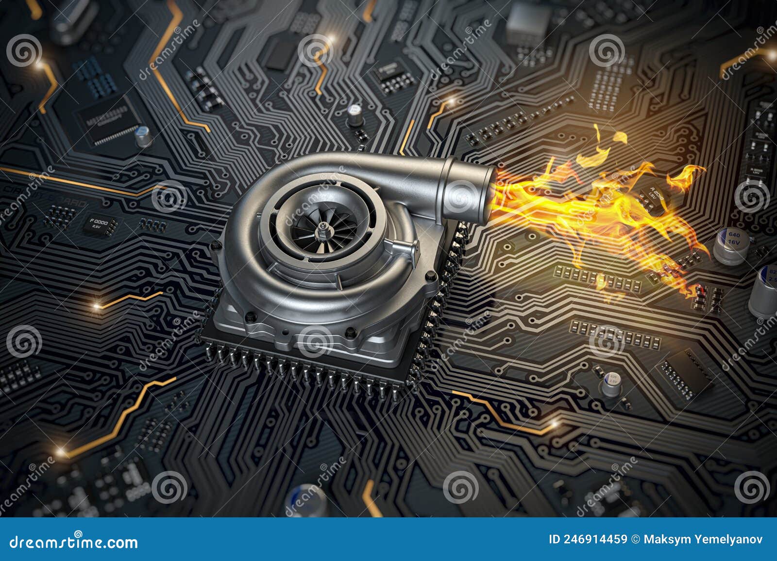CPU Microchip Turbocharger with Fire Flame on Computer Motherboard ...