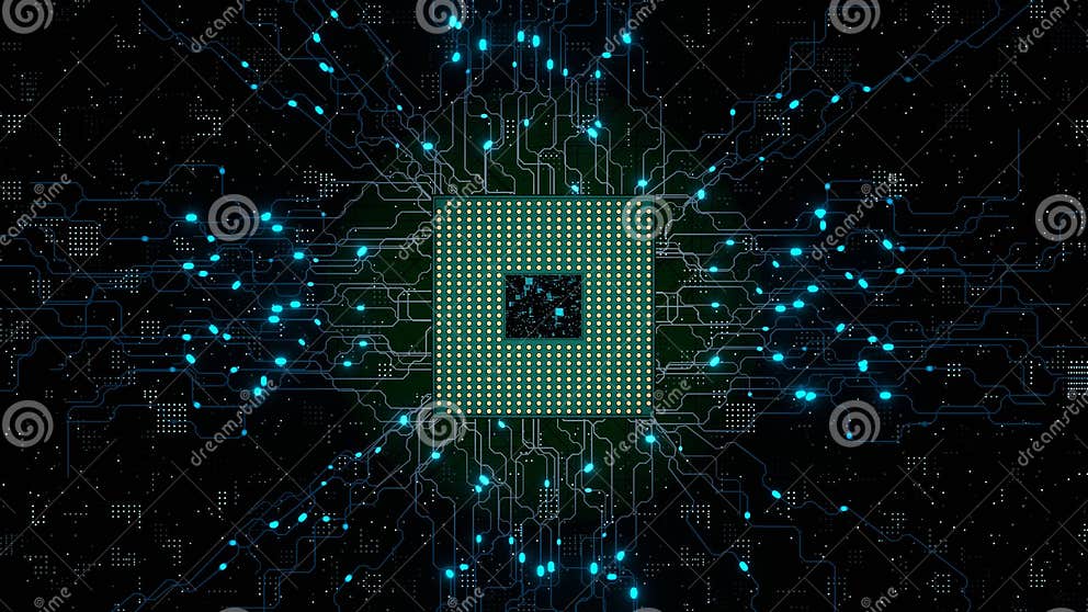 CPU. Modern Processor. Motherboard. Computer Chip with Connections and Signals. 3d Render. Stock ...