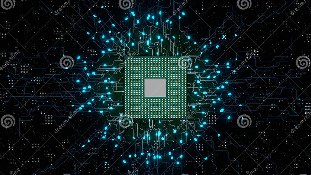 CPU. Modern Processor. Motherboard. Computer Chip with Connections and Signals. 3d Render. Stock ...