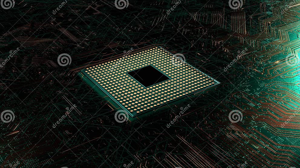 CPU. Modern Processor. Motherboard. Computer Chip with Connections and Signals. 3d Render. Stock ...