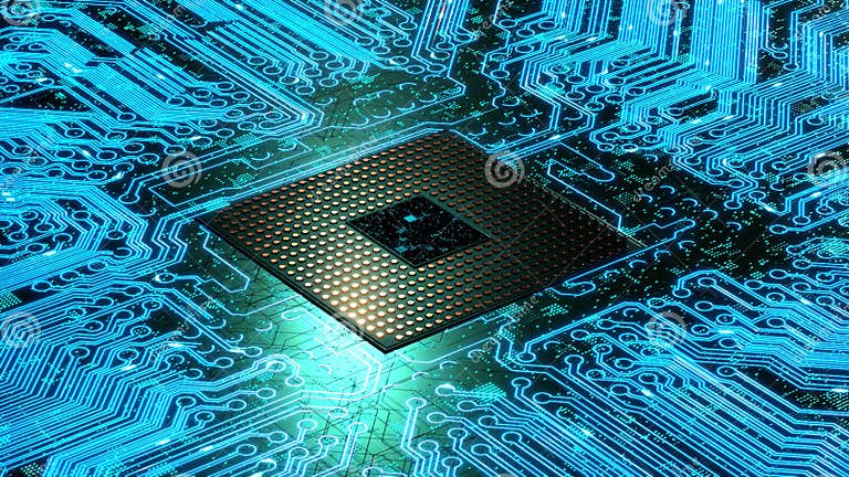 CPU. Modern Processor. Motherboard. Computer Chip with Connections and Signals. 3d Render. Stock ...
