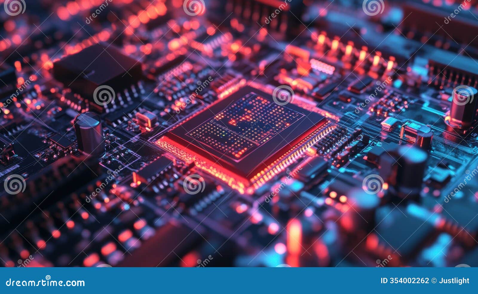 Cpu Processing Data on Circuit Board with Red and Blue Lights Stock ...