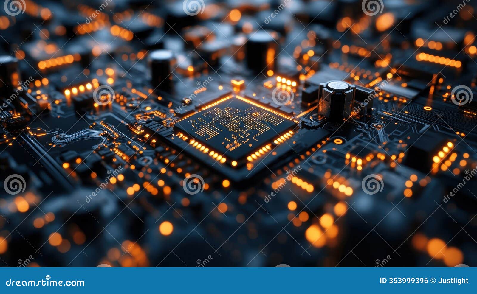 Cpu Processing Data on Motherboard with Orange Lights Stock ...