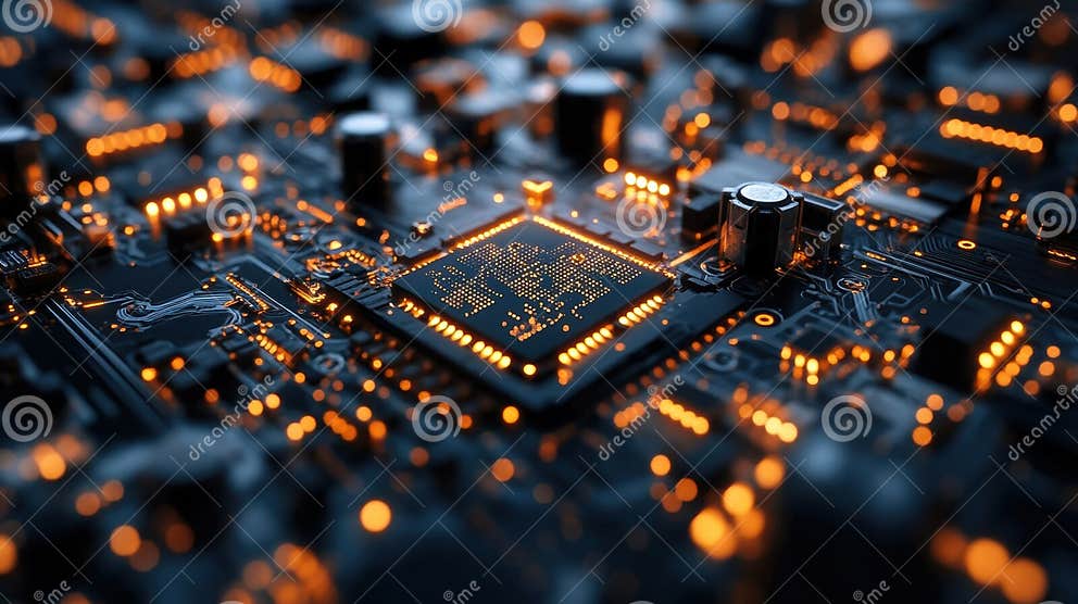 Cpu Processing Data on Motherboard with Orange Lights Stock ...