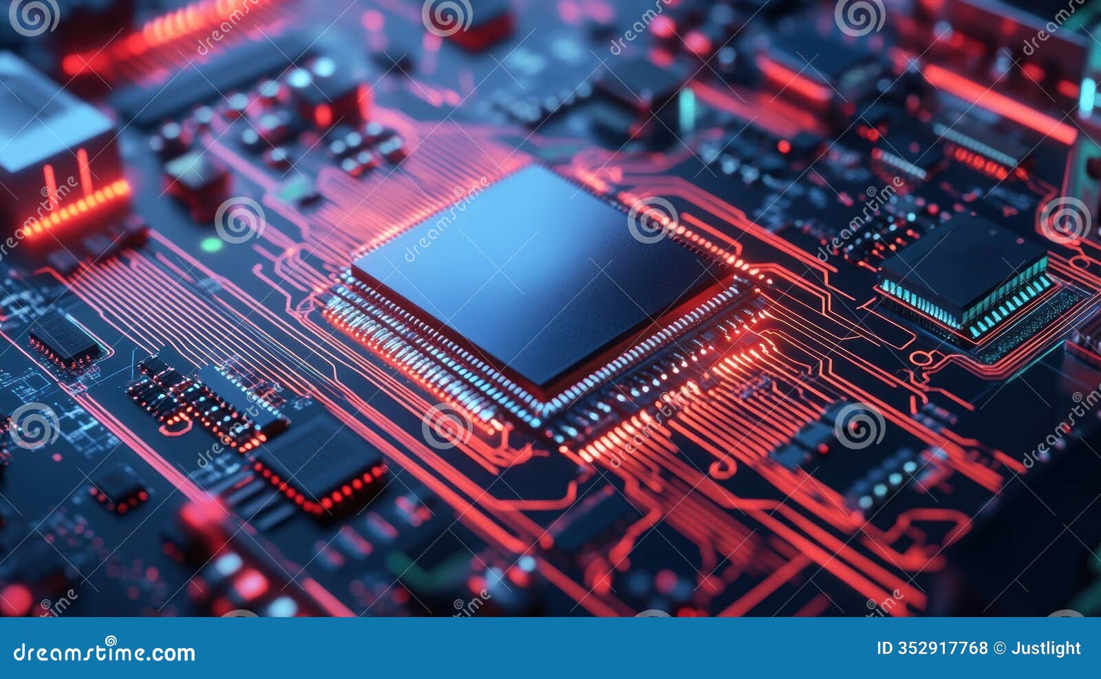 Cpu Processing Data on Motherboard with Red Circuits Stock Illustration ...