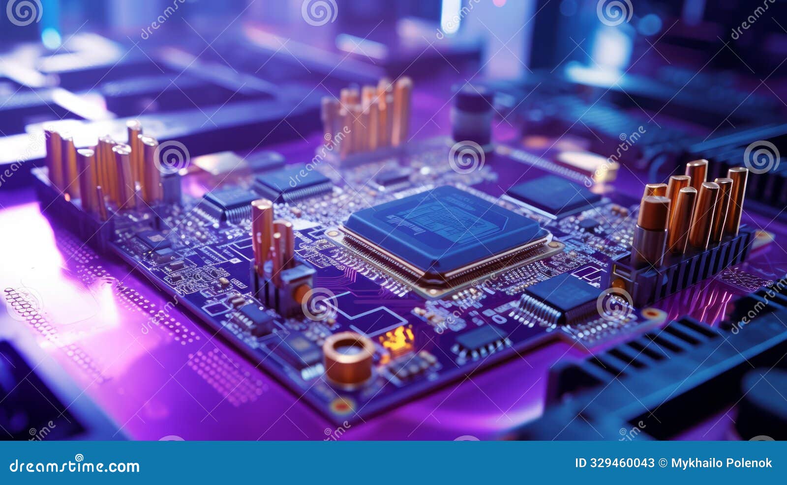 CPU Processor on Modern Motherboard in Service Shop with Purple Light ...