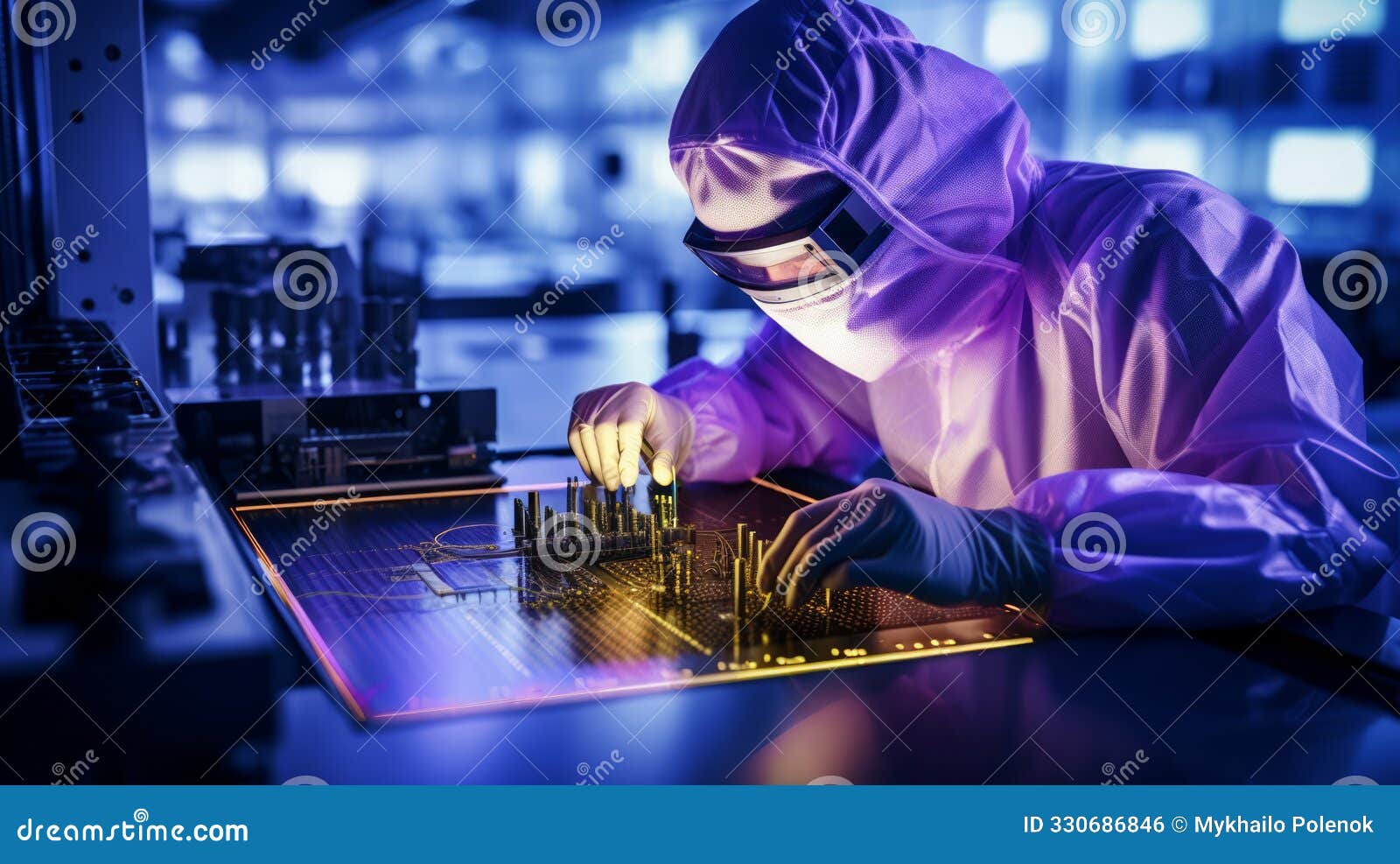 CPU Processor on Modern Motherboard in Service Shop with Purple Light ...