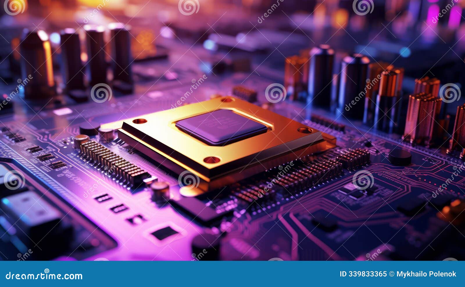 CPU Processor on Modern Motherboard in Service Shop with Purple Light ...