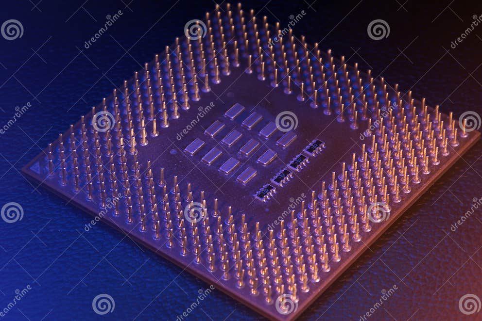 CPU Processor Pins Up in Blue and Red Light Close-up Stock Illustration ...
