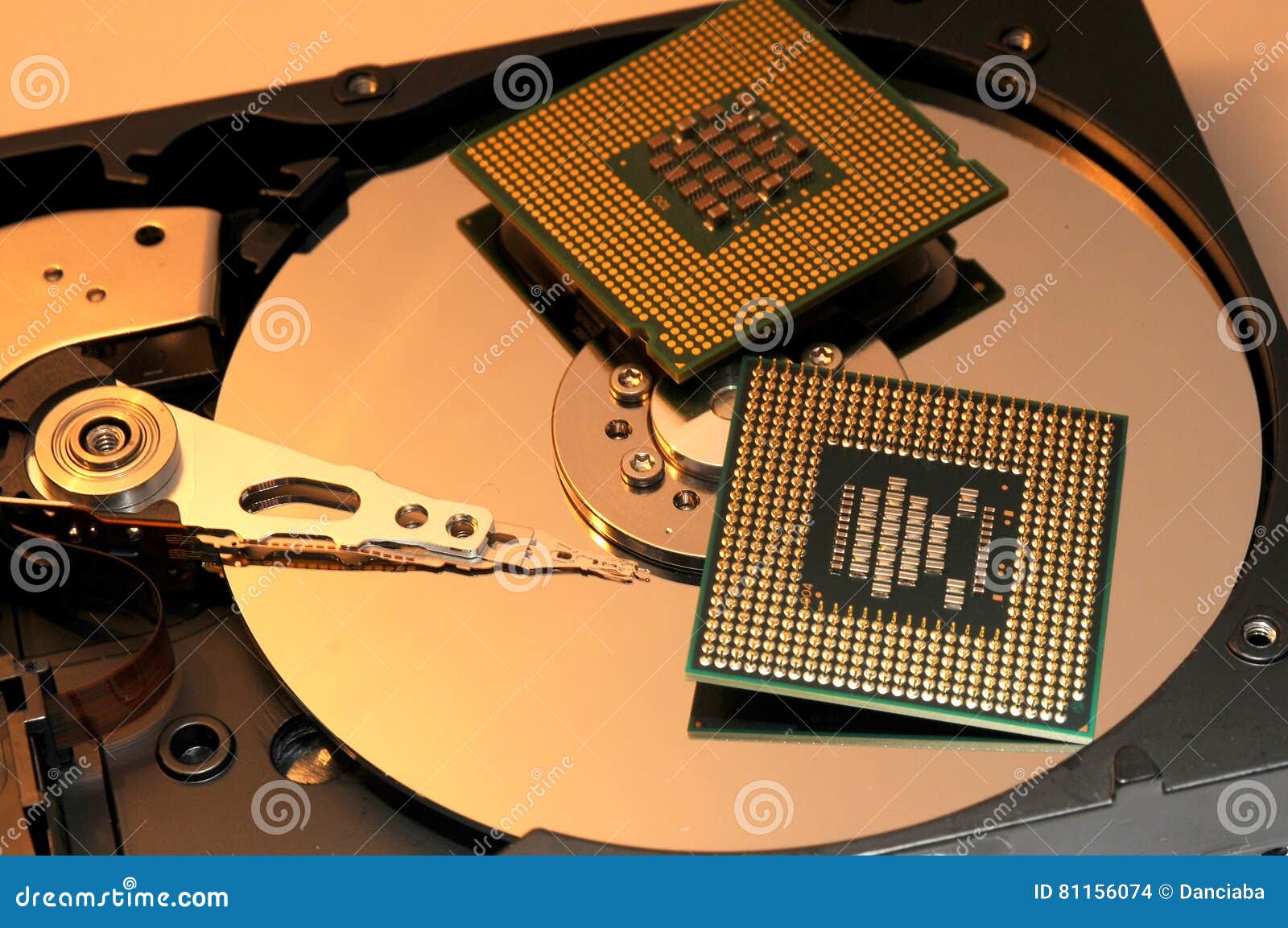 CPU Processors on Reflective Hard Disk Plate. Stock Photo - Image of ...