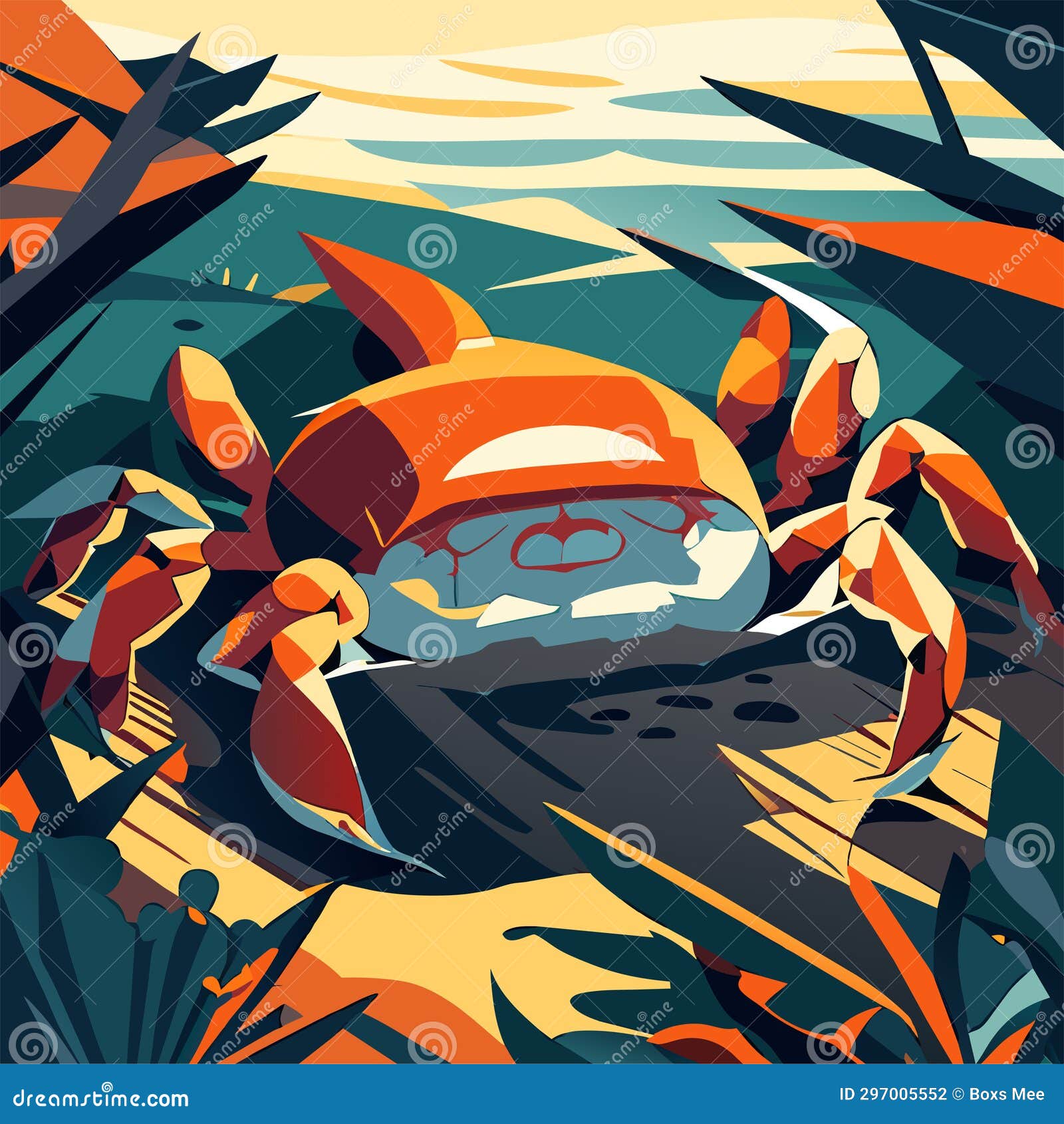 Crab on the Beach at Sunset. Vector Illustration in Flat Style ...