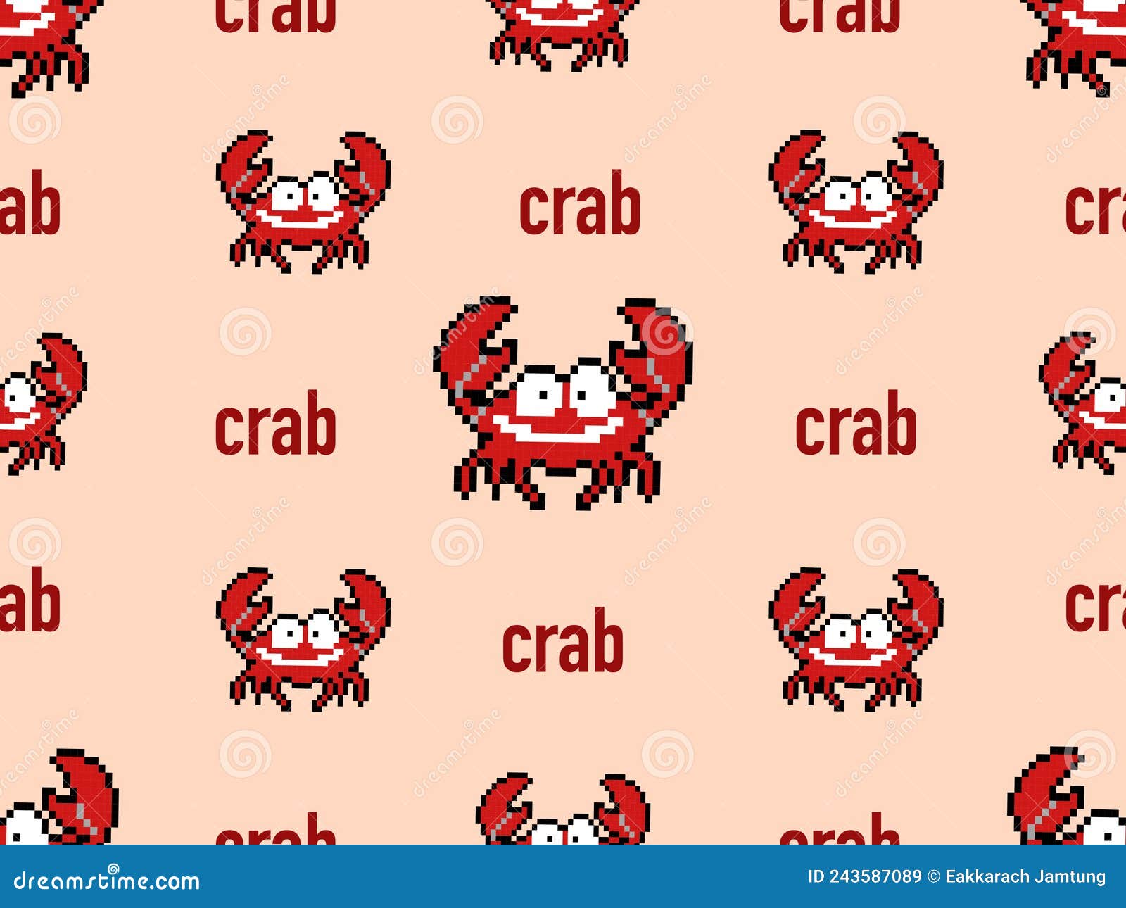 Crab Cartoon Character Seamless Pattern On Orange Backgroundpixel Style Stock Vector
