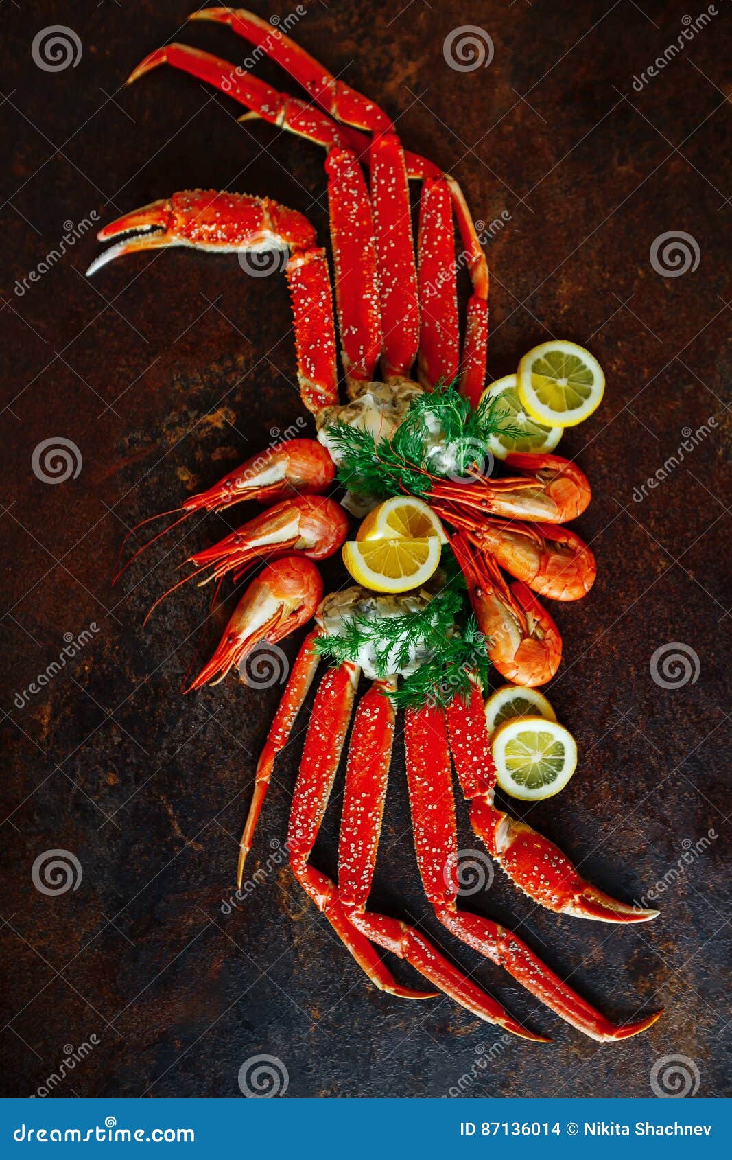 Crab Claws and Shrimp with Lemon and Dill Stock Photo - Image of ...