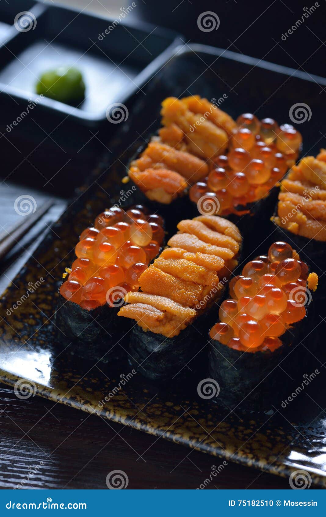 Crab Roe Urchin sushi stock photo. Image of crab, assorted - 75182510
