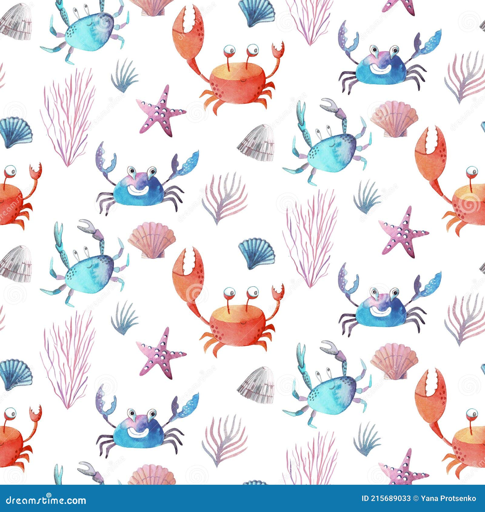 Watercolor Pattern, Crabs and Shells Stock Illustration - Illustration ...