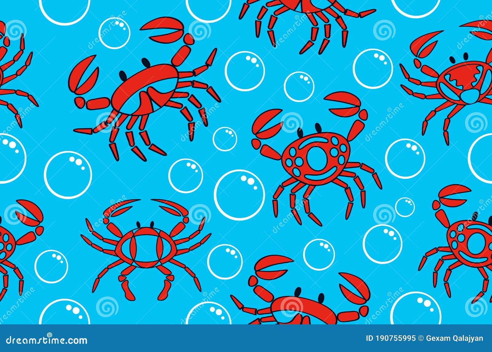 Red Outlined Colored Crabs Seamless Textile Pattern on White in ...