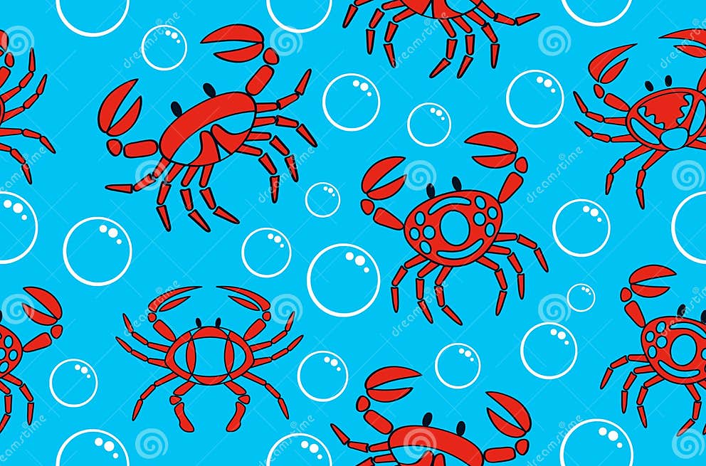 Red Outlined Colored Crabs Seamless Textile Pattern on White in ...