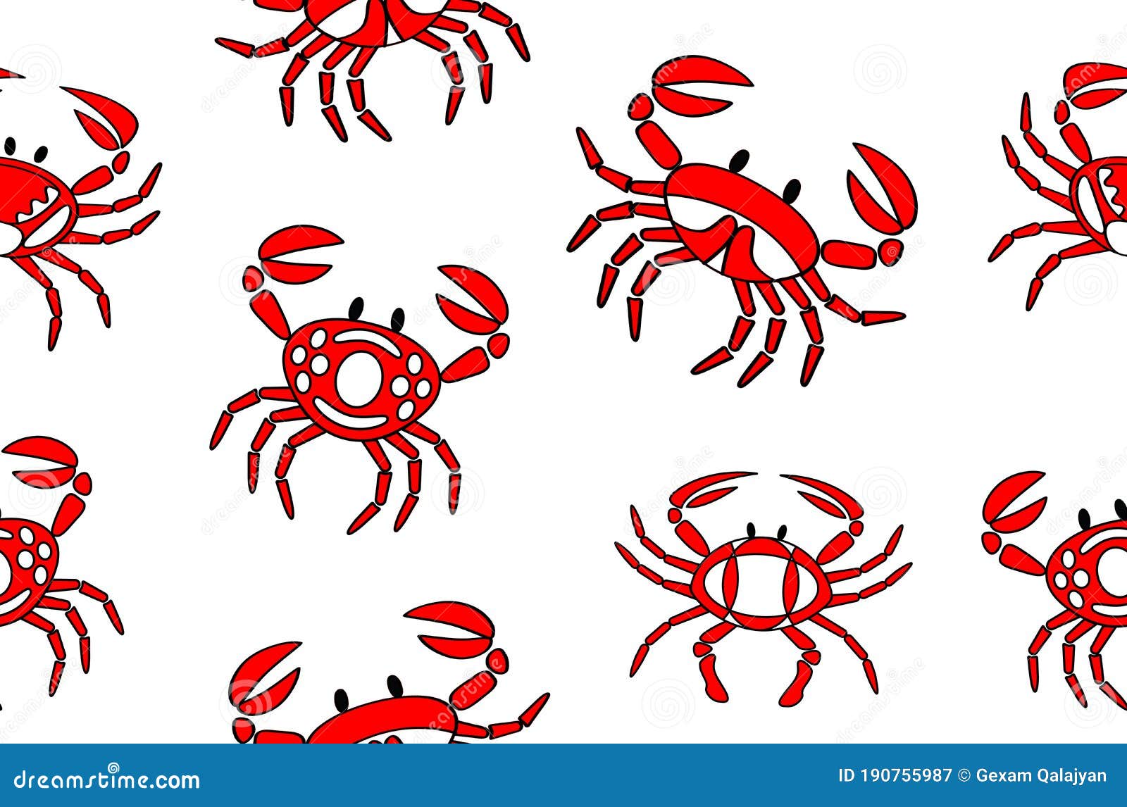 Red Outlined Colored Crabs Seamless Textile Pattern on White in ...