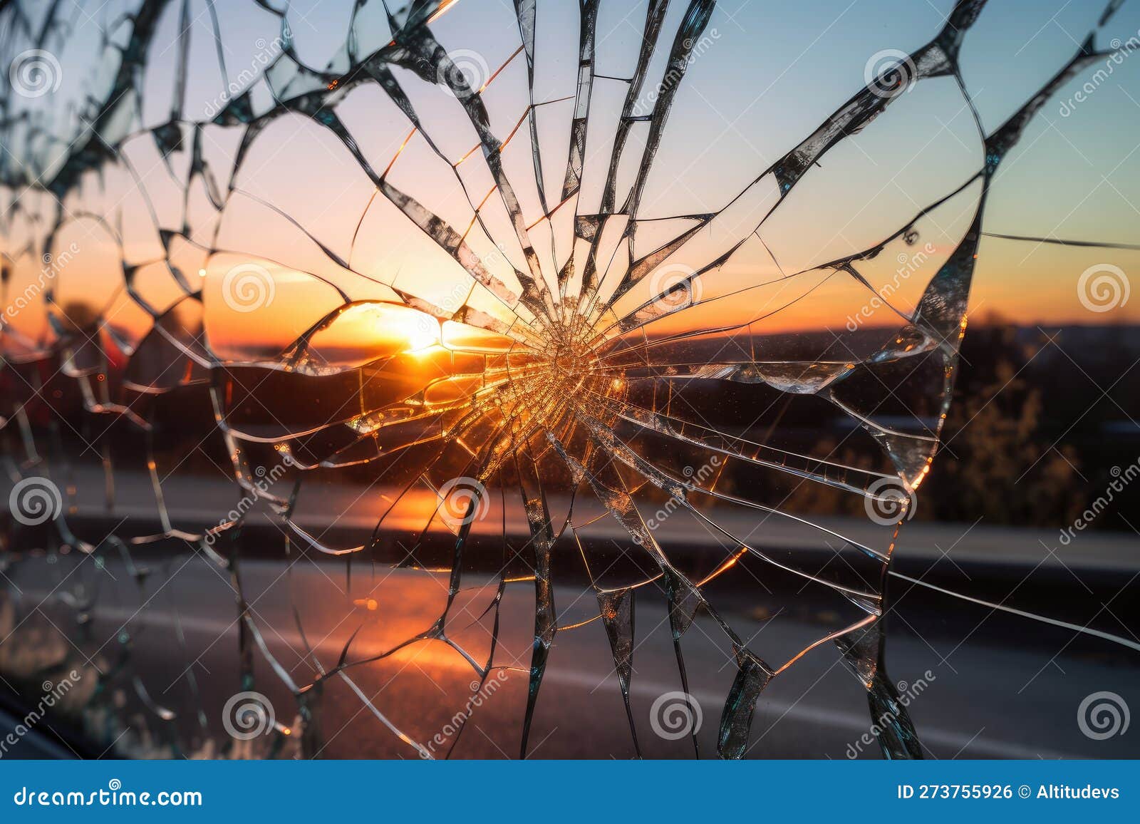 Crack on Glass, Showing the Reflection of a Setting Sun Stock Photo ...