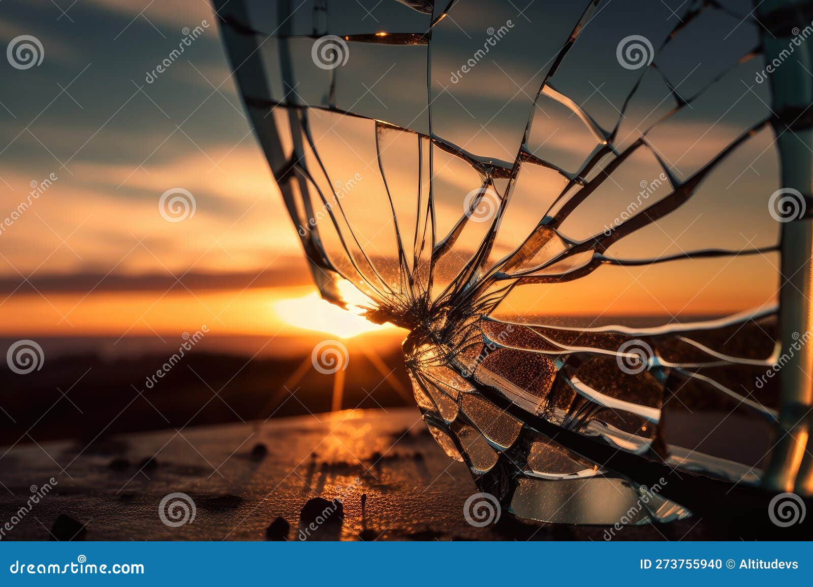 Crack on Glass, Showing the Reflection of a Setting Sun Stock Photo ...