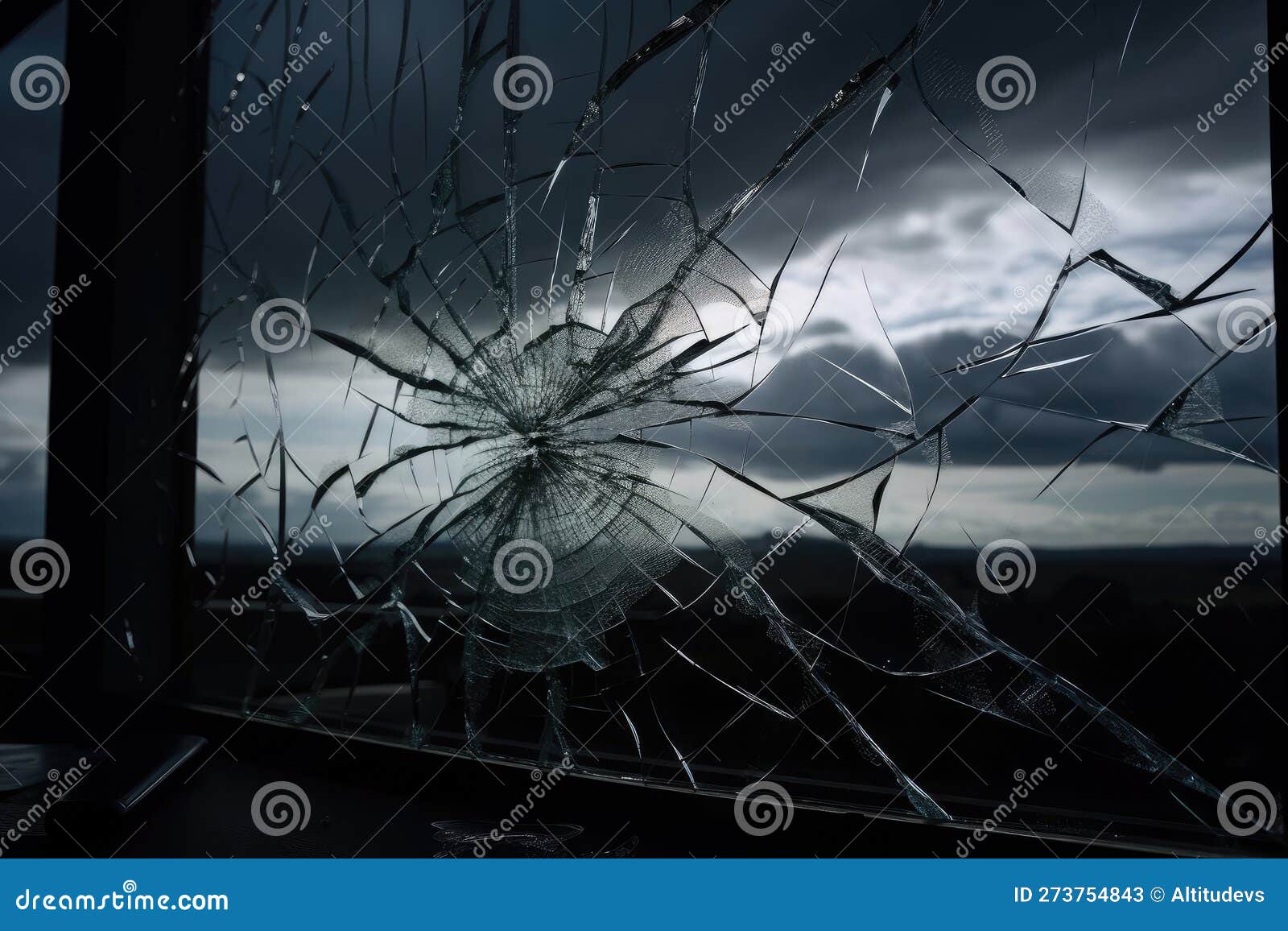 Crack in Glass Window, with the View of a Stormy Sky Visible through it ...