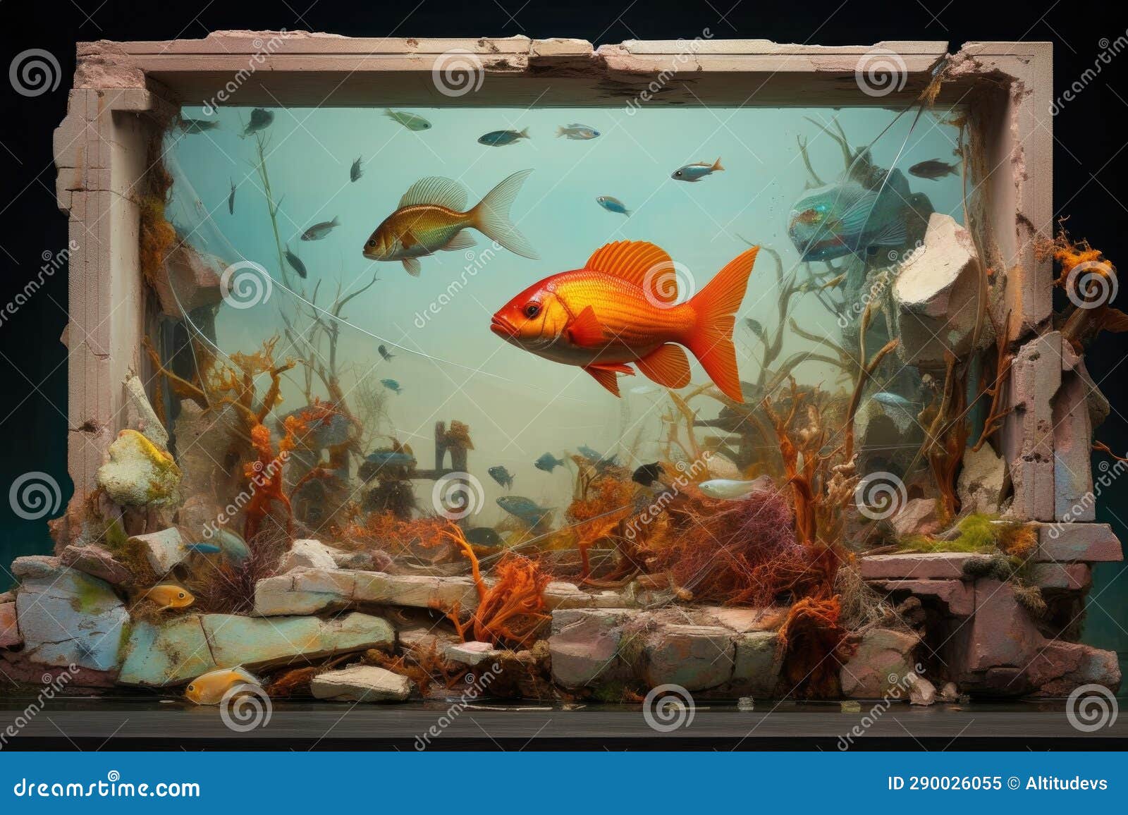 Cracked Aquarium with Colorful Fish Swimming Inside Stock Image - Image ...