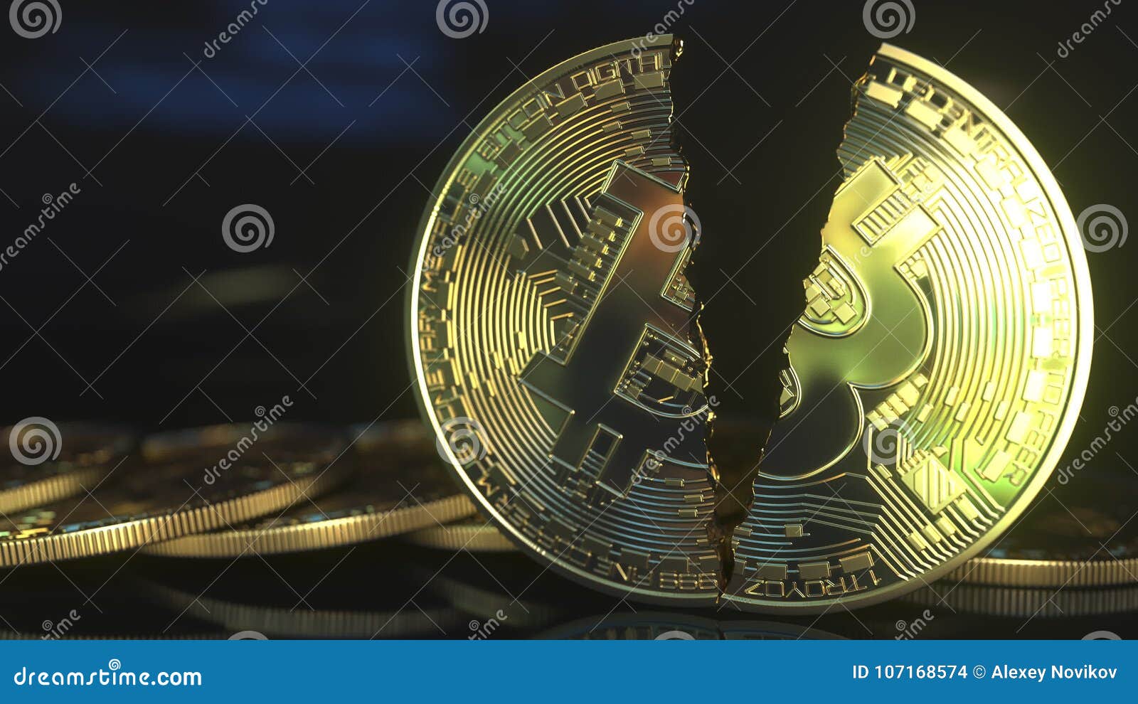 Cracked Bitcoin Token. Cryptocurrency Crisis Concept. 3D Rendering ...