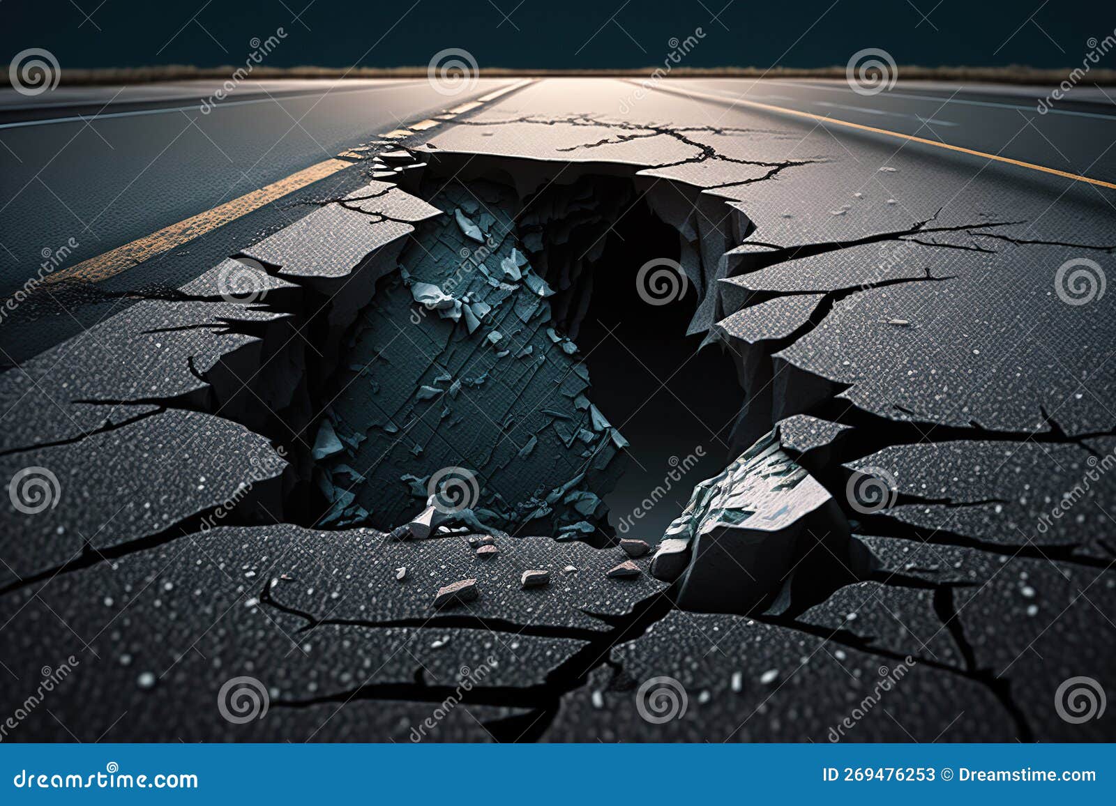 Cracked and Broken Asphalt Road after Earthquake Stock Illustration ...