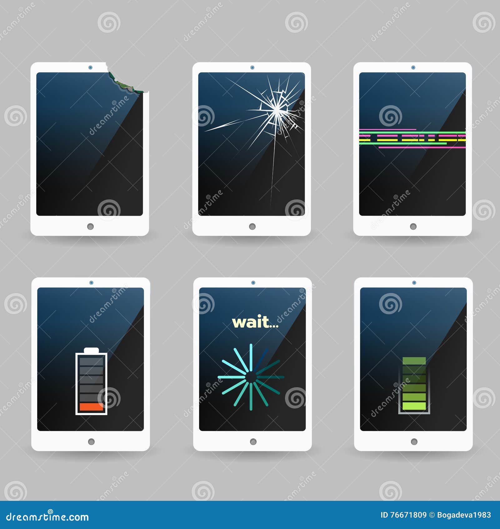 Cracked and Broken Mobile Phone Smart Phone or Tablet Set Stock Vector ...