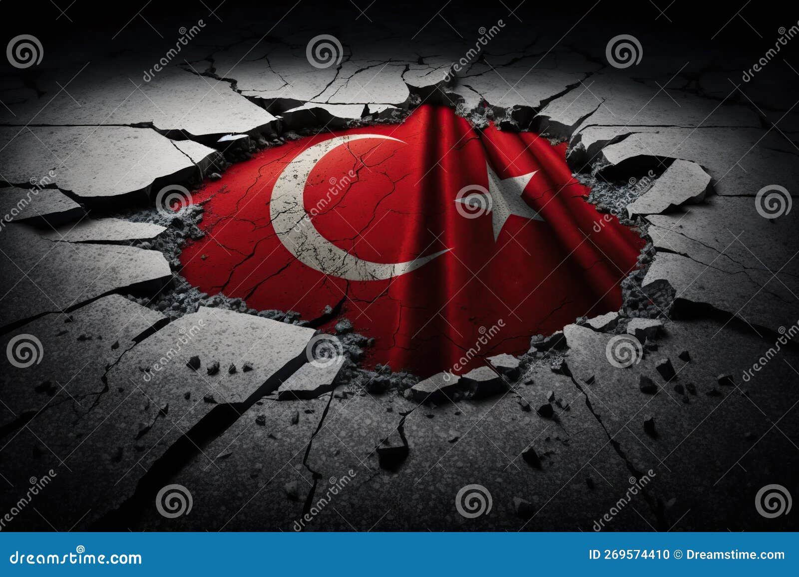 Cracked and Broken Turkey Flag on Surface Asphalt after Earthquake ...