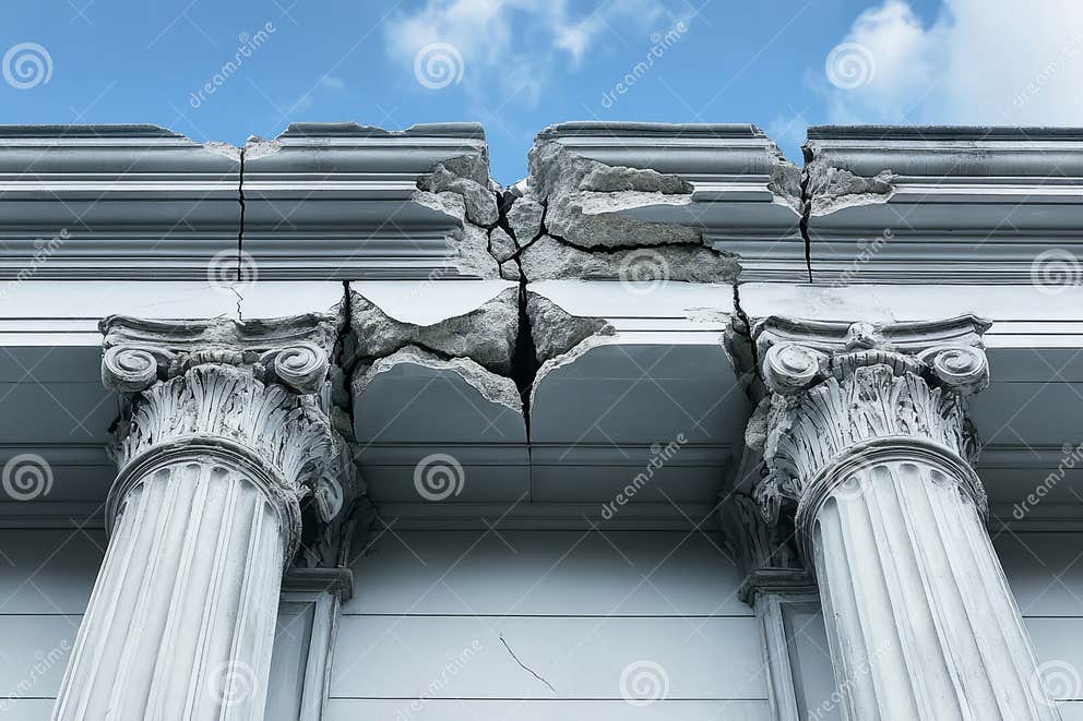 Cracked Columns of Classical Building Symbolizing Collapse Stock Image ...