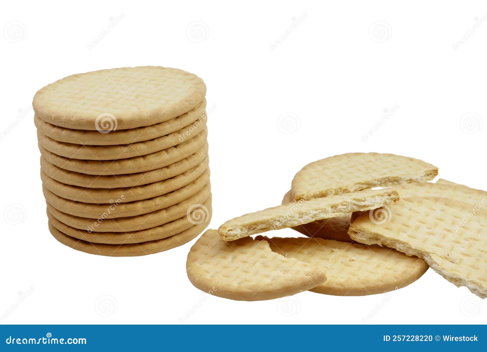 Cracked Crackers Next To Stack of Round Whole Bread Crackers Isolated ...