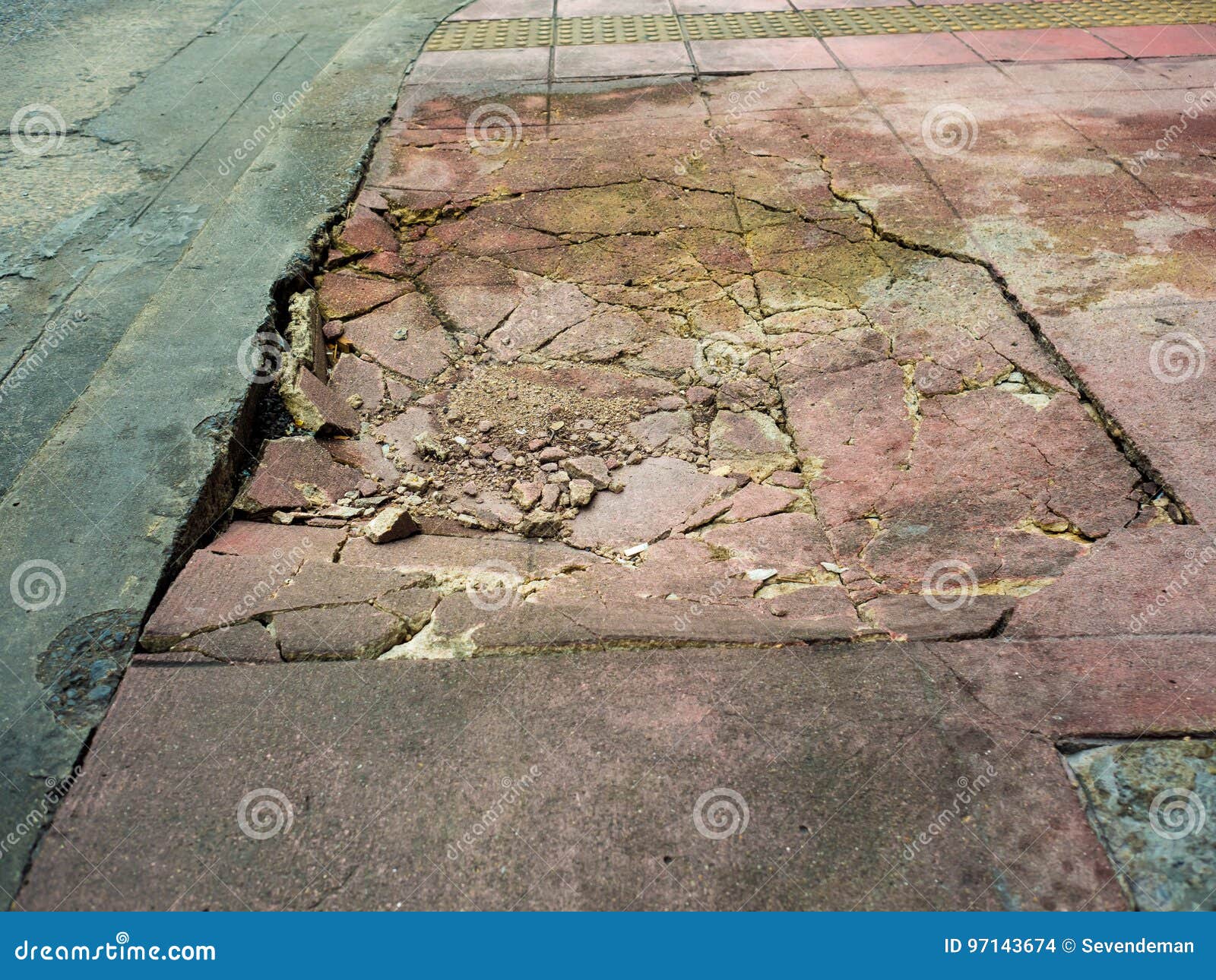 Damaged cements footpath. stock photo. Image of disaster - 97143674