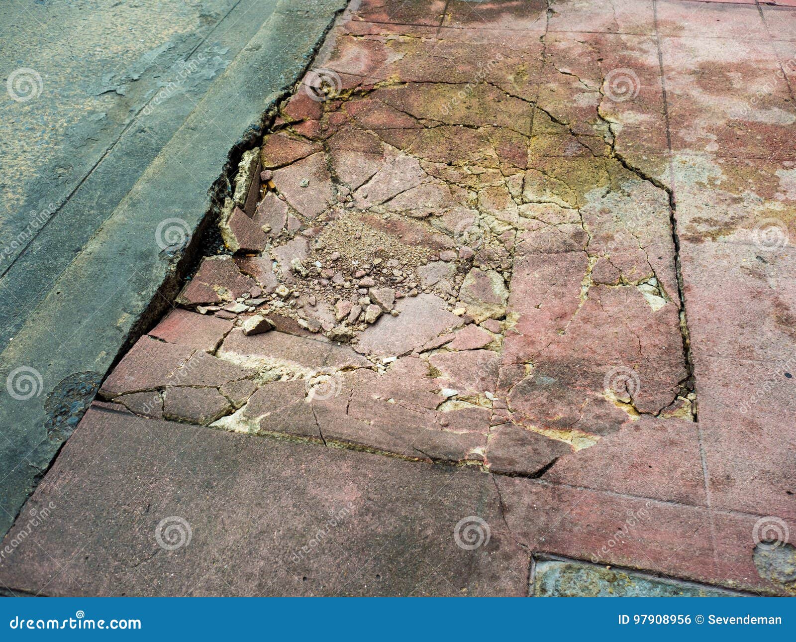 Damaged cements footpath. stock photo. Image of driveway - 97908956