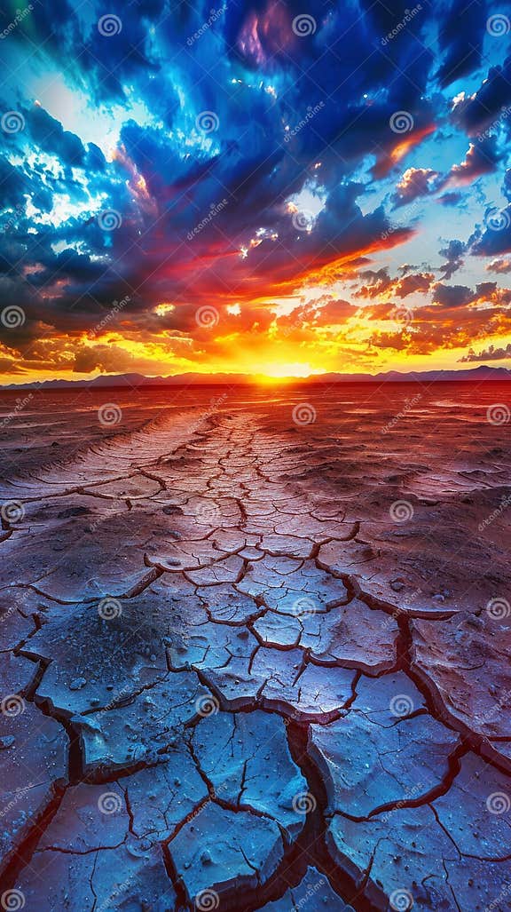 Cracked Desert Ground during Vibrant Sunset with Dramatic Clouds Stock ...